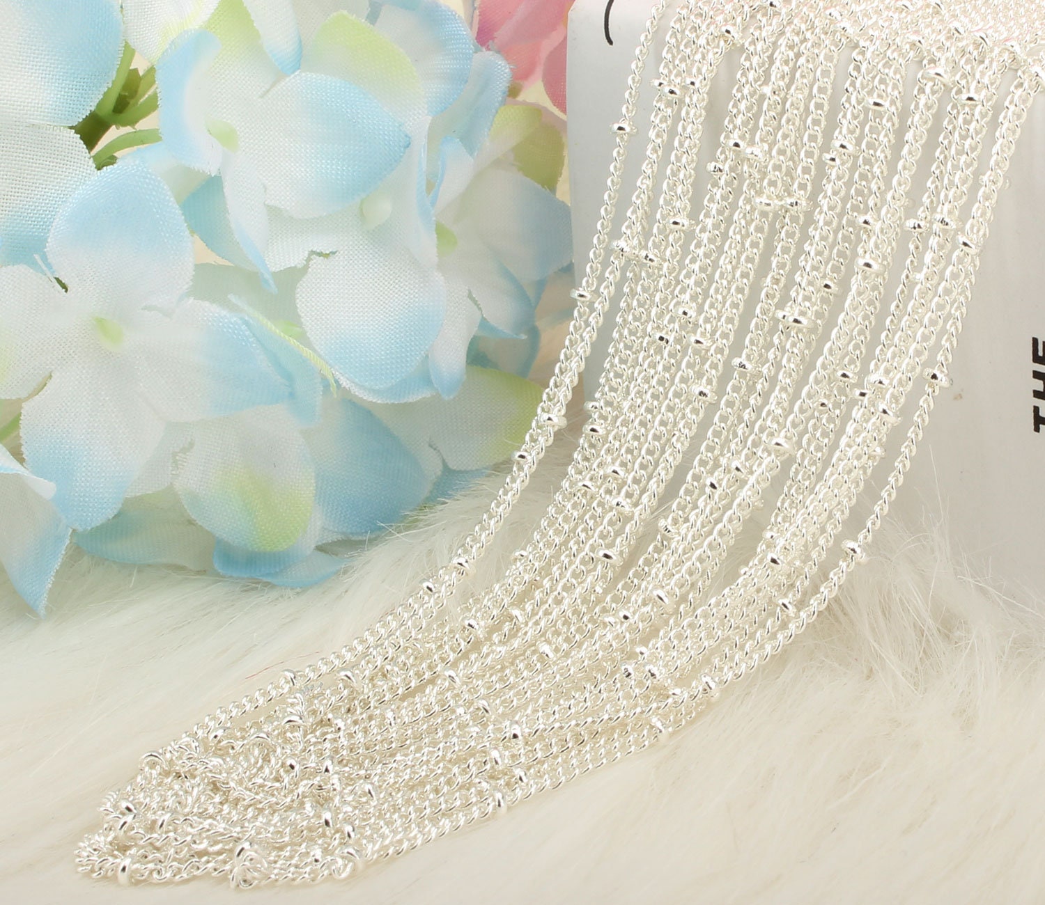 12 PCS Finished Silver Plated Brass Satellite Beaded Ball Curb Thin ...