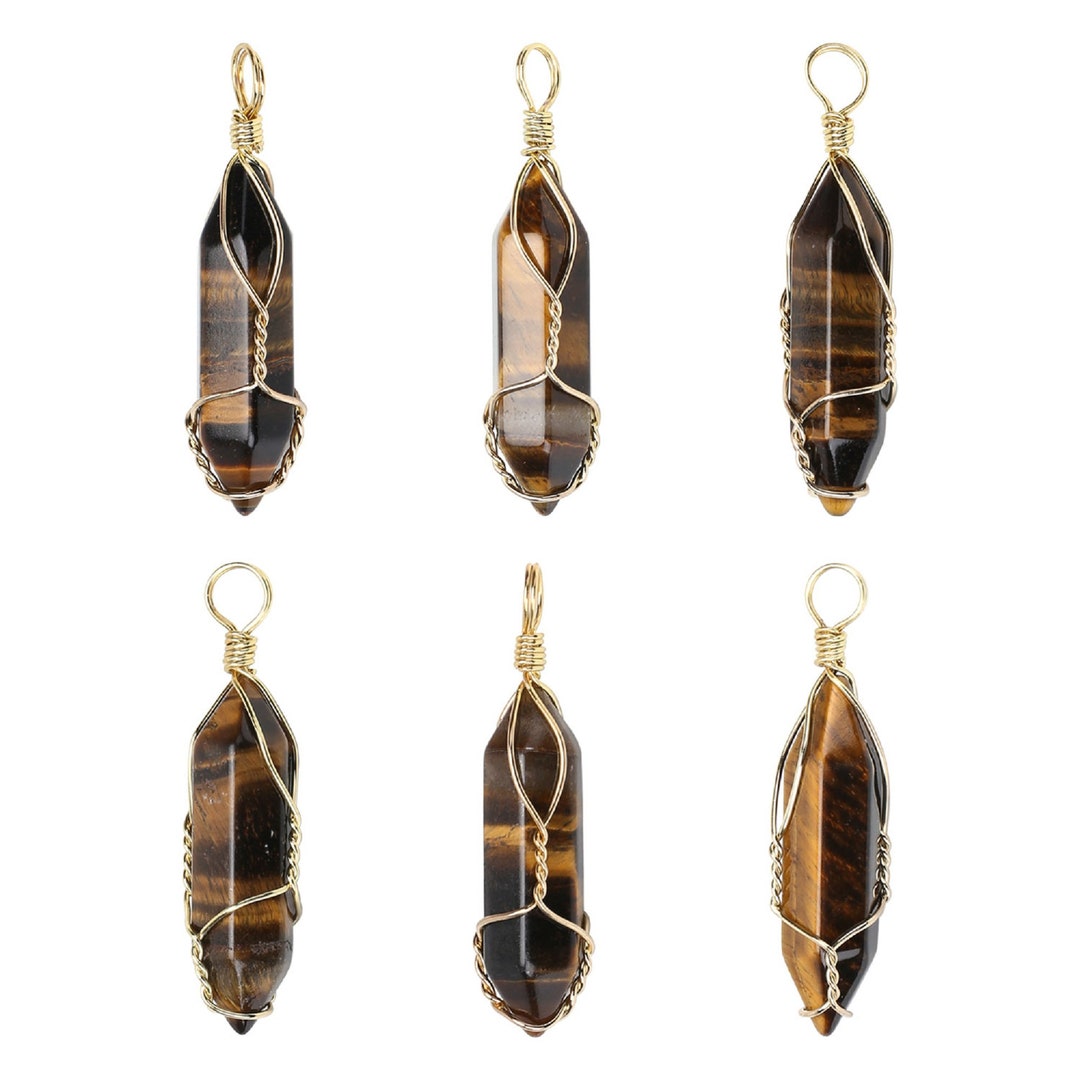 6PCS Natural Tiger Eye Quartz Stone Crystal Pendant With 14k Gold ...