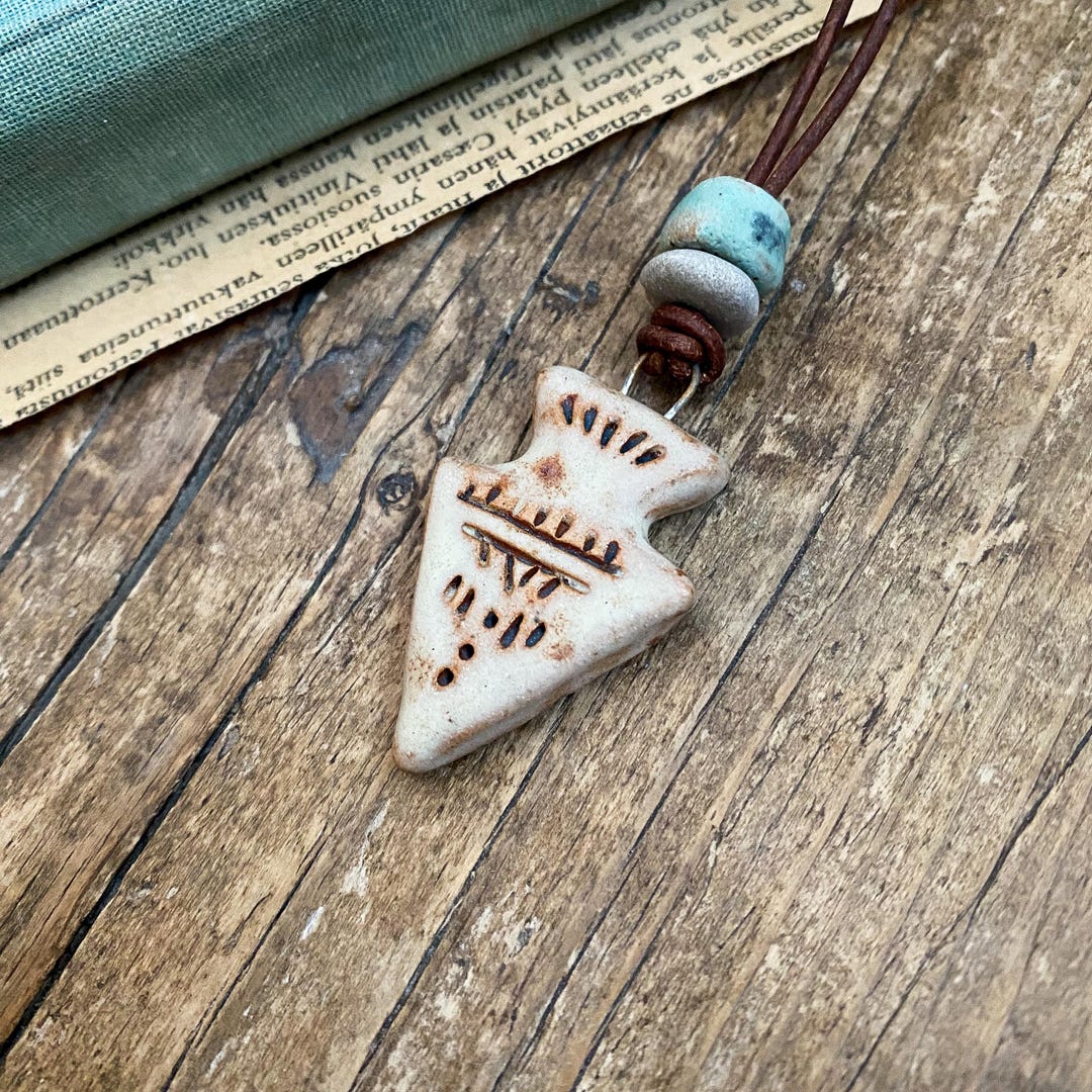 Arrowhead Viking Rune Necklace, Stone Cairn Necklace, Ceramic Talisman ...