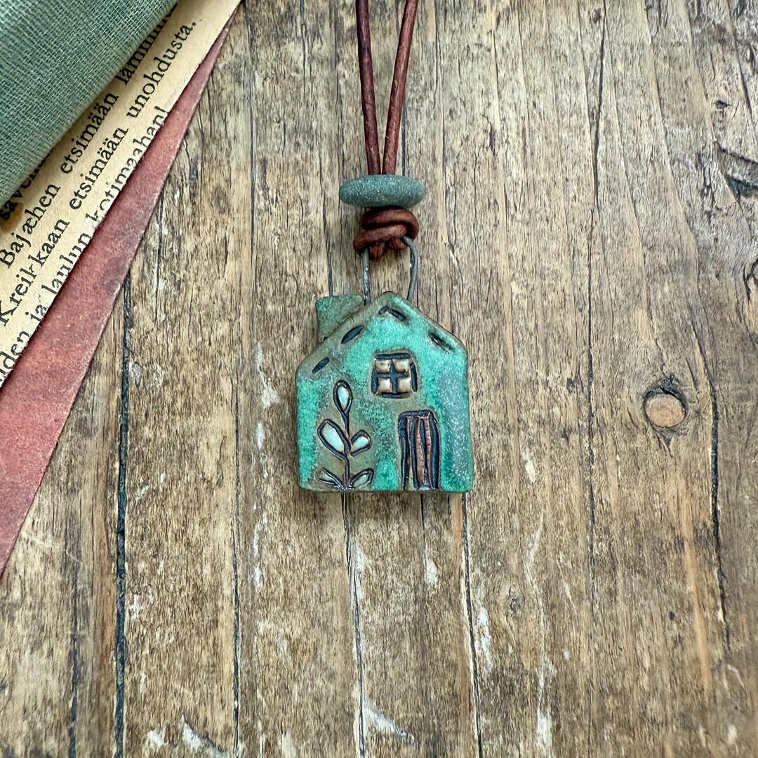 Stone and Ceramic House Necklace, Pottery Pendant, Leather Necklace. - Etsy
