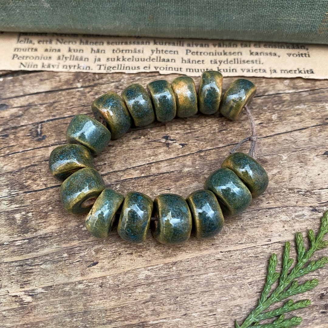 Olive Green Ceramic Beads: Handmade Stoneware Clay, Set of 15 - Etsy