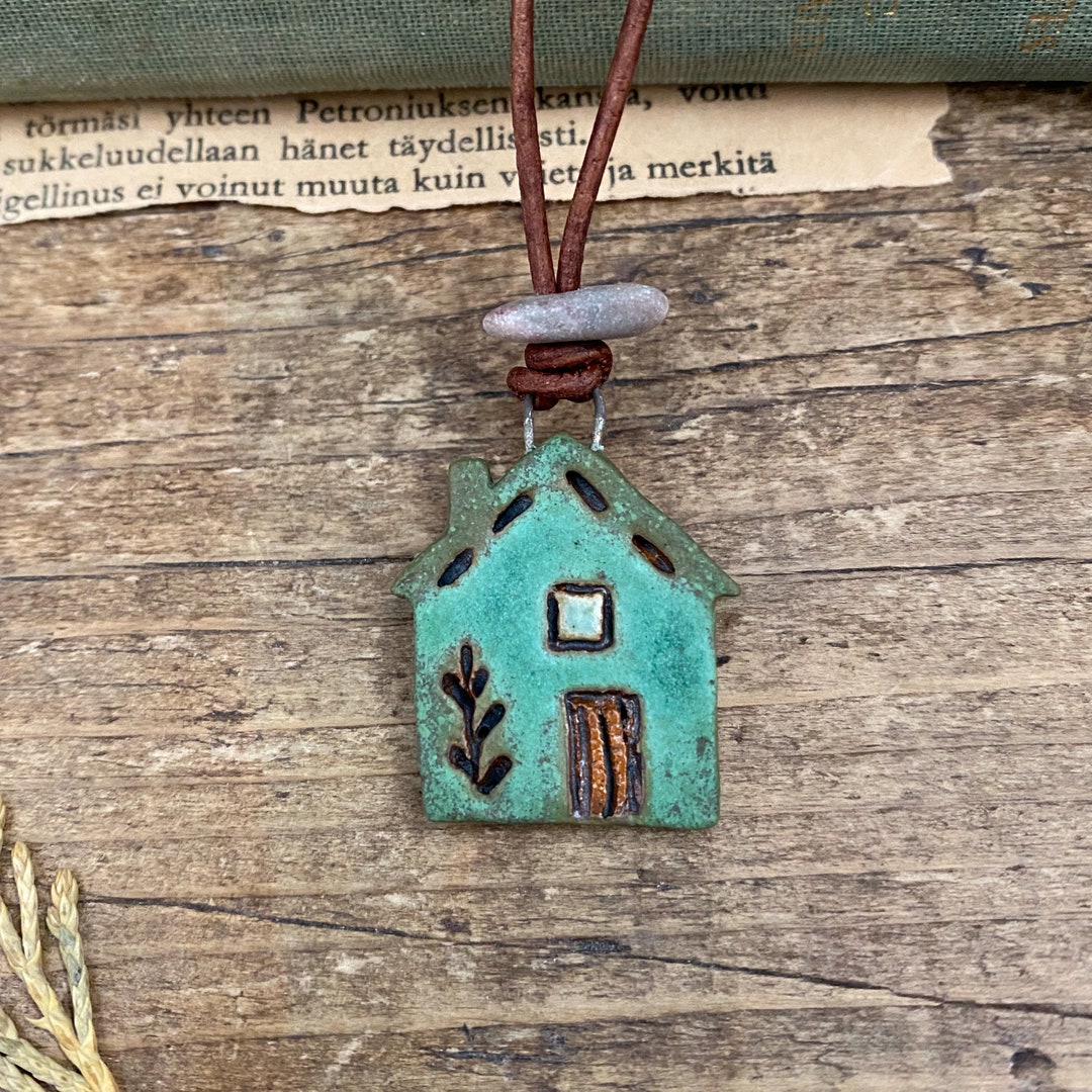 Stone and Ceramic House Necklace, Pottery Pendant, Leather Necklace. - Etsy
