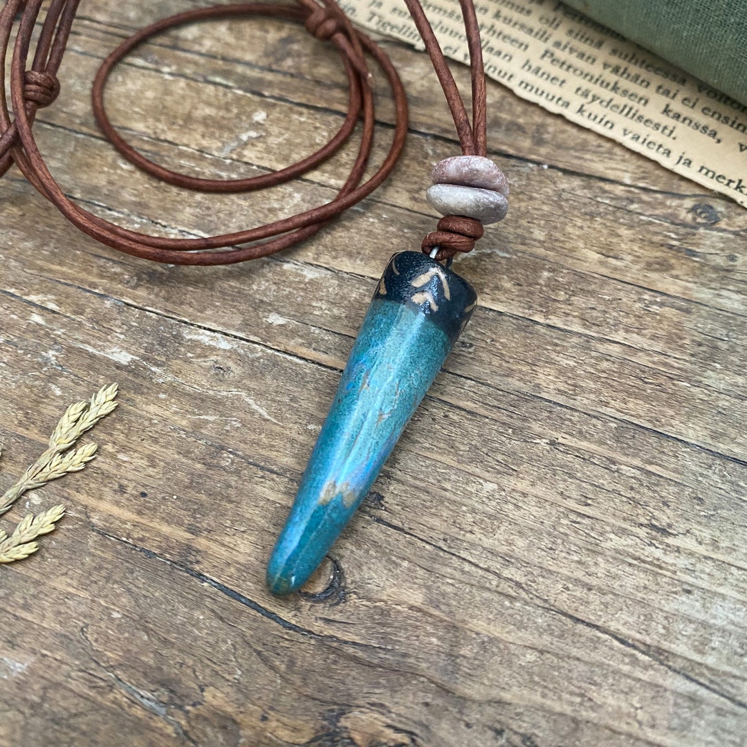 Ceramic Rune Stone Necklace. Rustic Statement Leather Charm Necklace ...