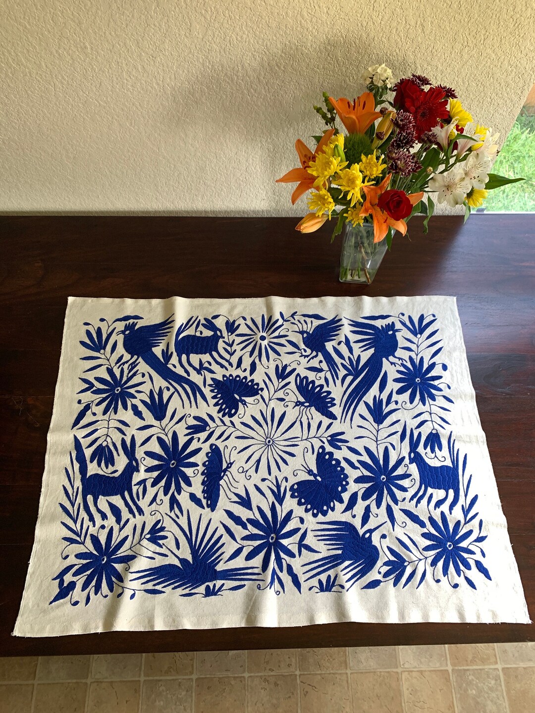 Hand Embroidered Otomi Tapestry / Table Runner azul Fino - Etsy