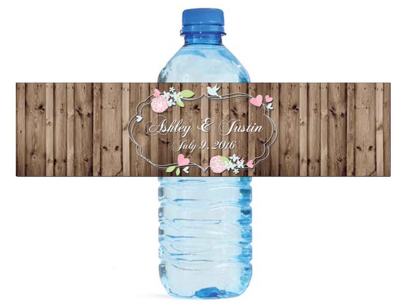 Floral Frame on Rustic Wood Background Wedding Water Bottle Labels ...