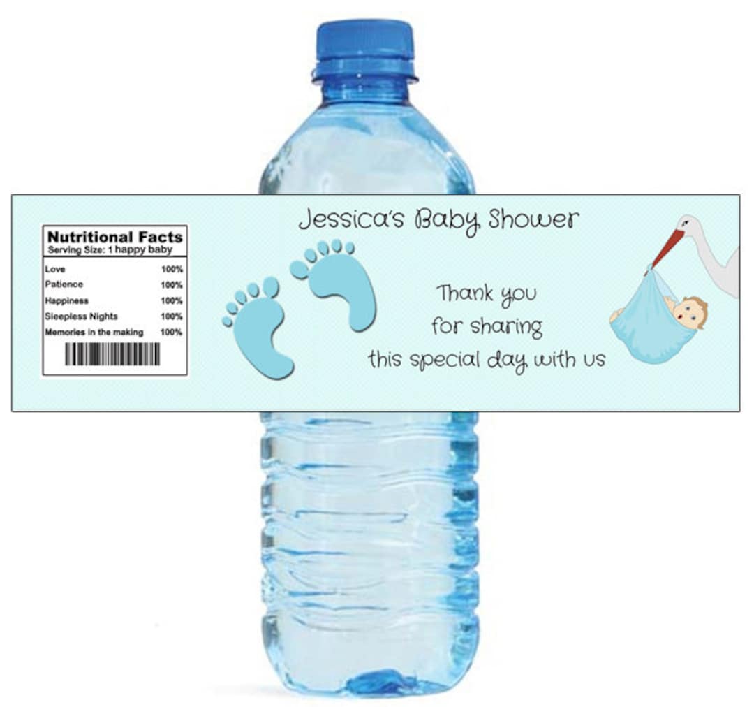 Blue Stork Baby Shower Water Bottle Labels Celebrations Baby Coming Boy ...