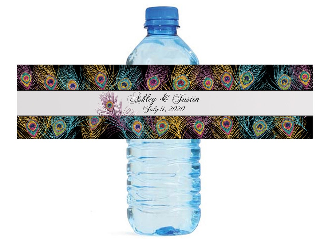 Peacock Feathers on Black Water Bottle Labels Great for Weddings ...