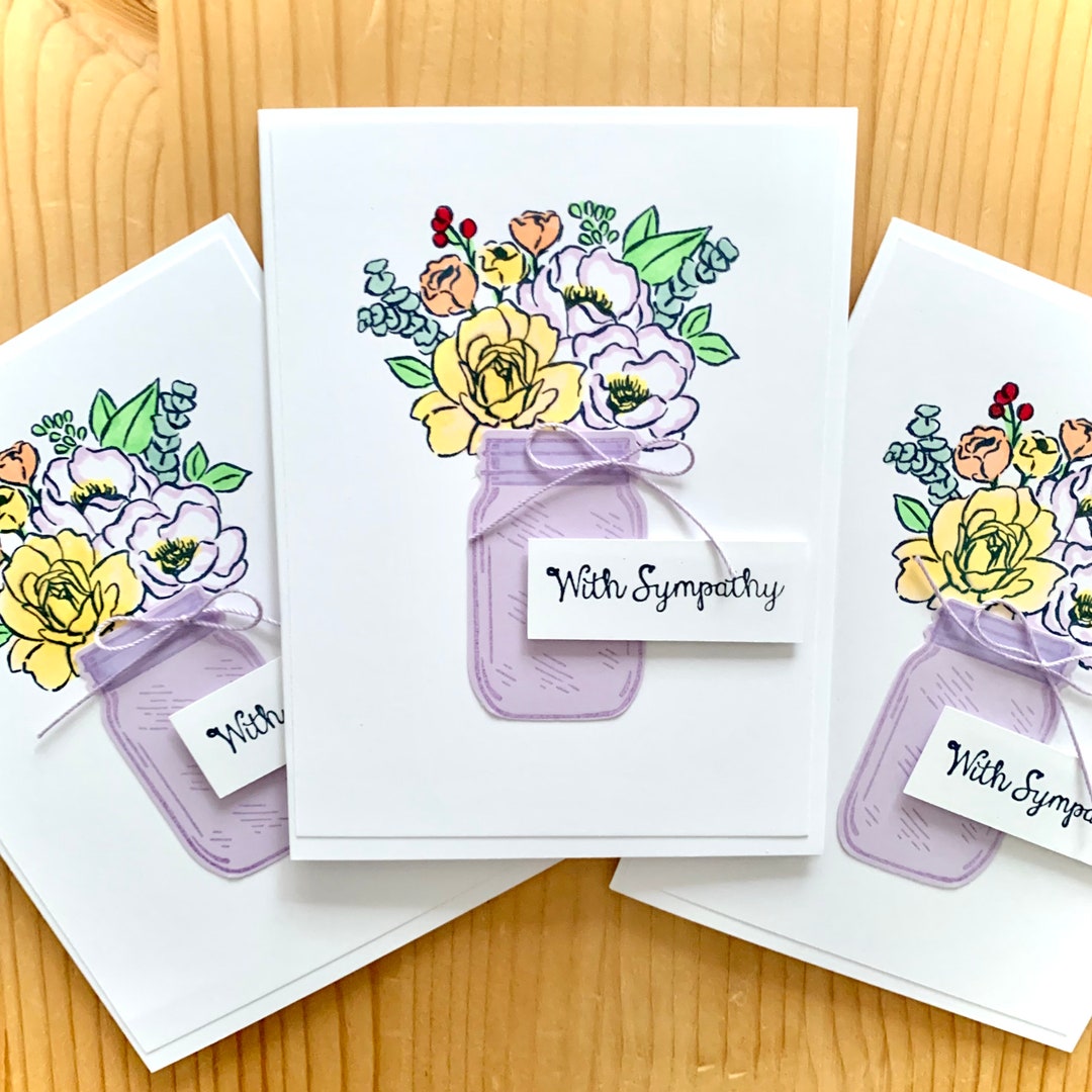 Handmade Sympathy Card. Flower Bouquet in Jar. Single Card, Set of 3 ...
