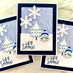 Let It Snow, Blue Winter Cards With Snowman. Set of 3 Handmade Holiday ...