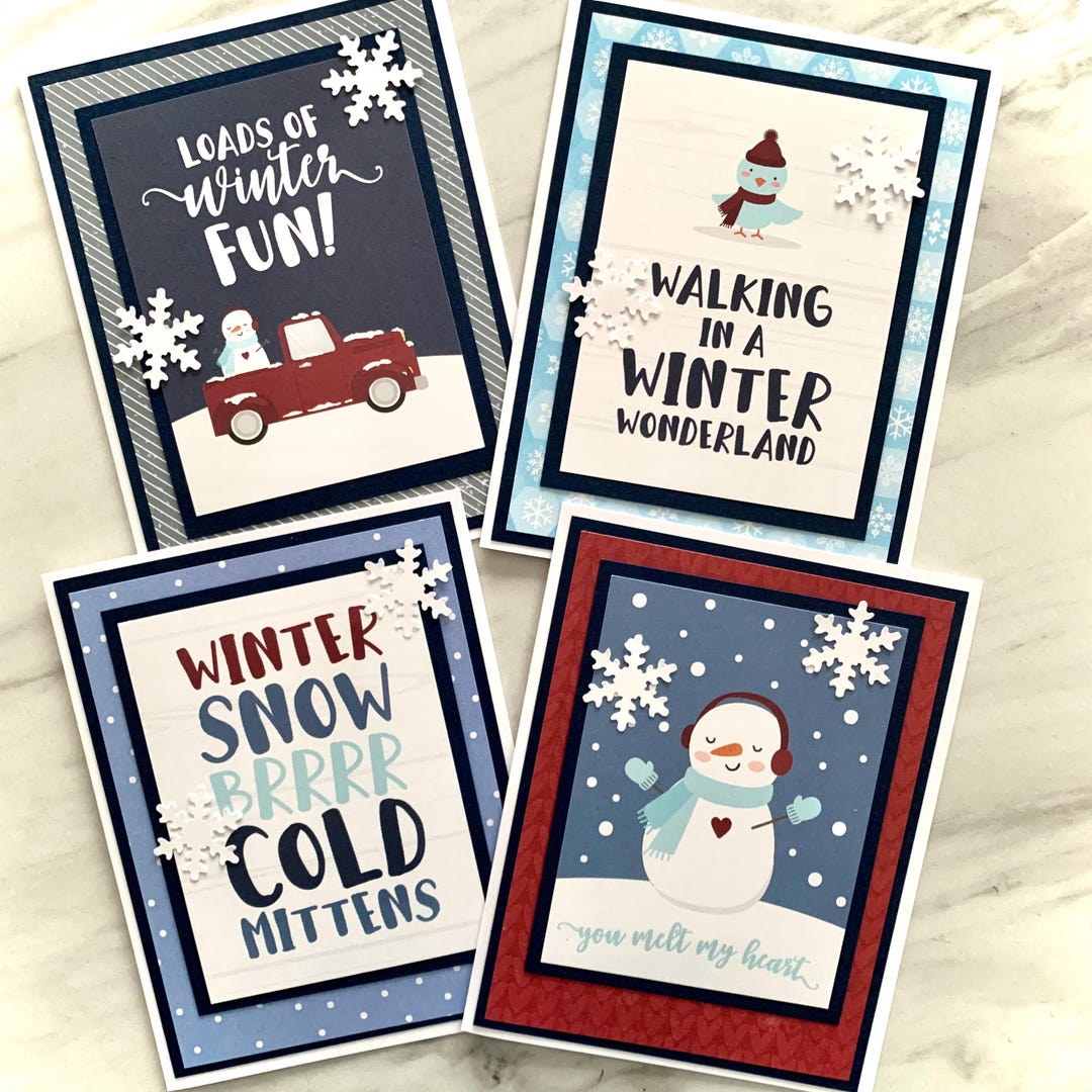Set of 4, Winter Greeting Cards. Assorted Blue Christmas Cards, Blank ...