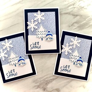 Let It Snow, Blue Winter Cards With Snowman. Set of 3 Handmade Holiday ...