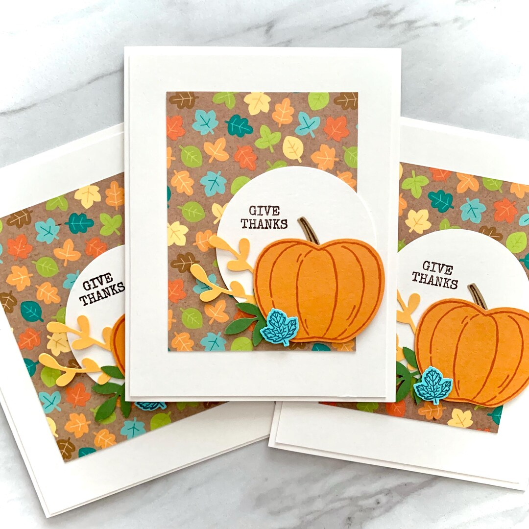 Give Thanks, Thanksgiving Cards. Set of 3, Handmade Cards With Pumpkin ...