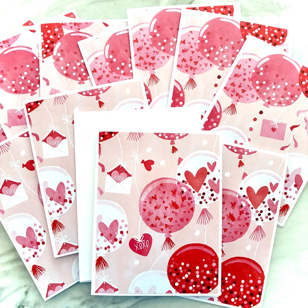 Set of 12 Valentine Note Cards With Balloons and Love Letters - Etsy