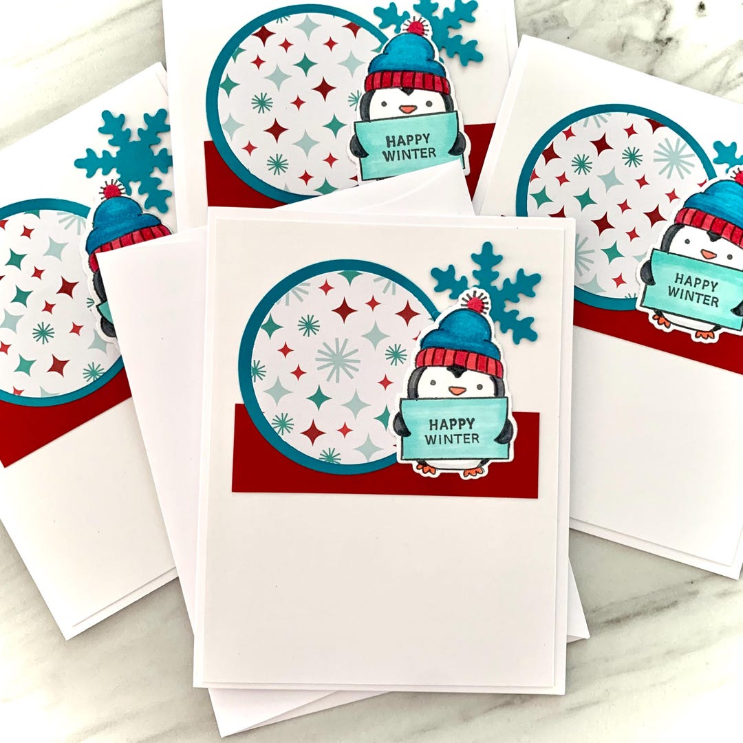 Penguin, Happy Winter Greeting Cards. Set of 4 or 8 Handmade Christmas ...