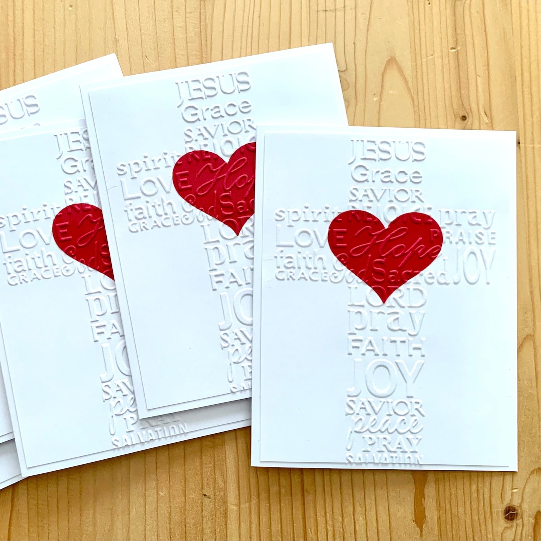Christian Valentine Card. White Embossed Cross With Red Heart. Single ...
