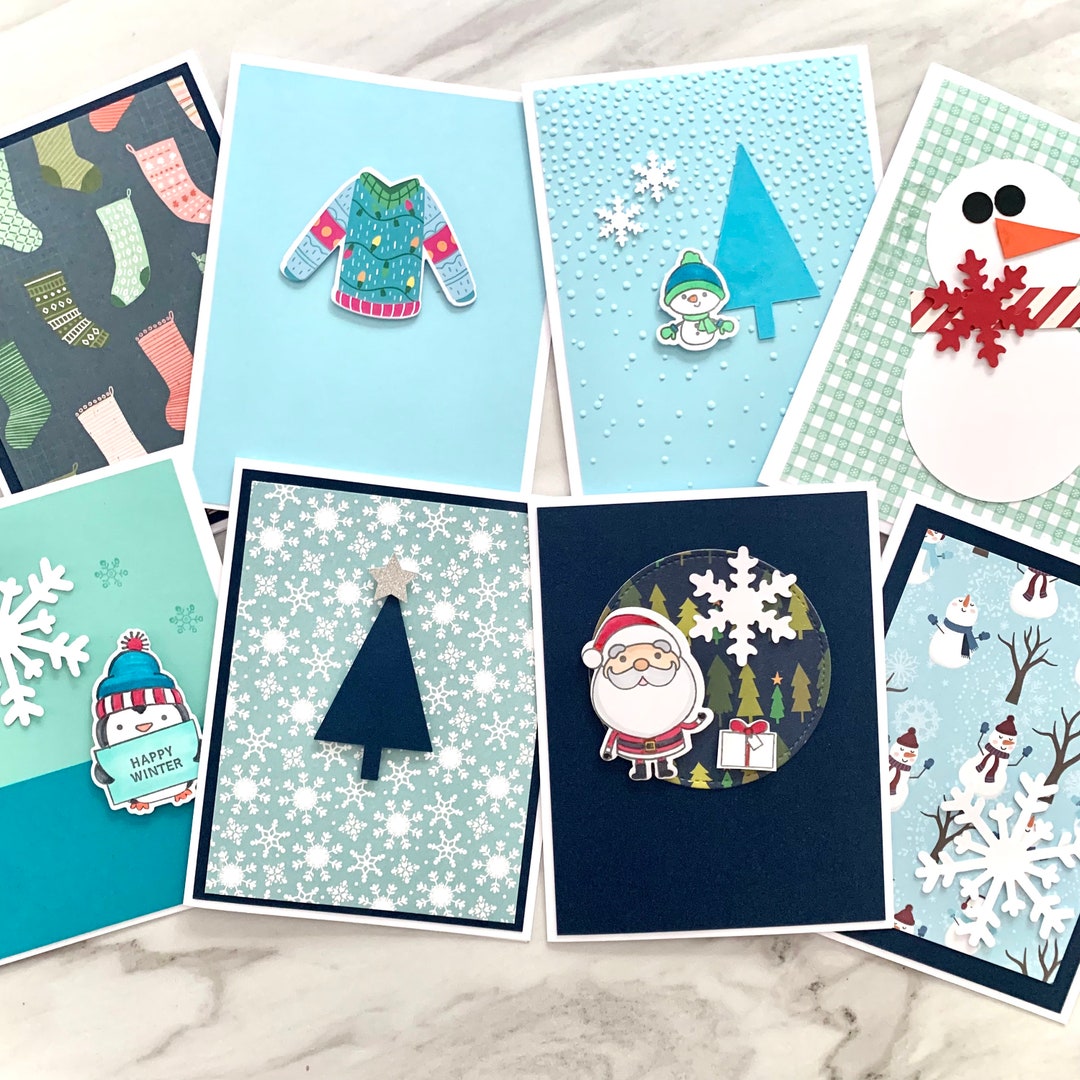 Blue Christmas Cards, Handmade Set of 8. Blank Winter and Holiday ...