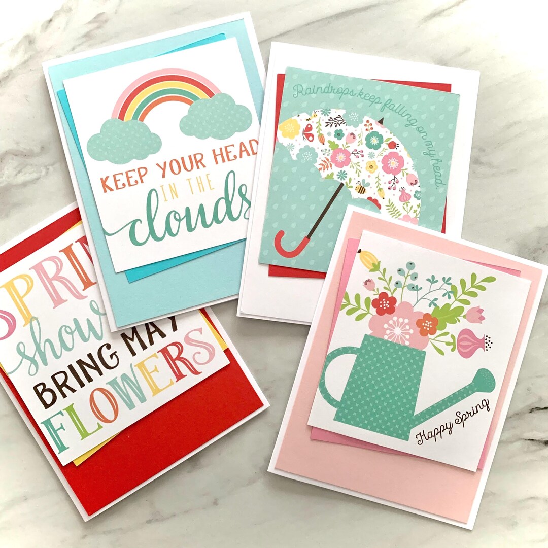 Happy Spring, Greeting Card Set of 4: Watering Can, Rainbow, May ...