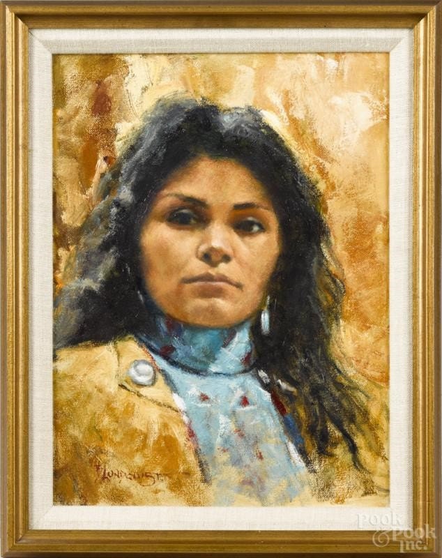 Western Art, Bill Lundquist, Oil on Canvas Portrait of a Native ...