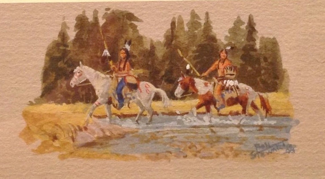 Native Art : Ron Stewart, "indian Warning", Signed, Opaque Water Color ...