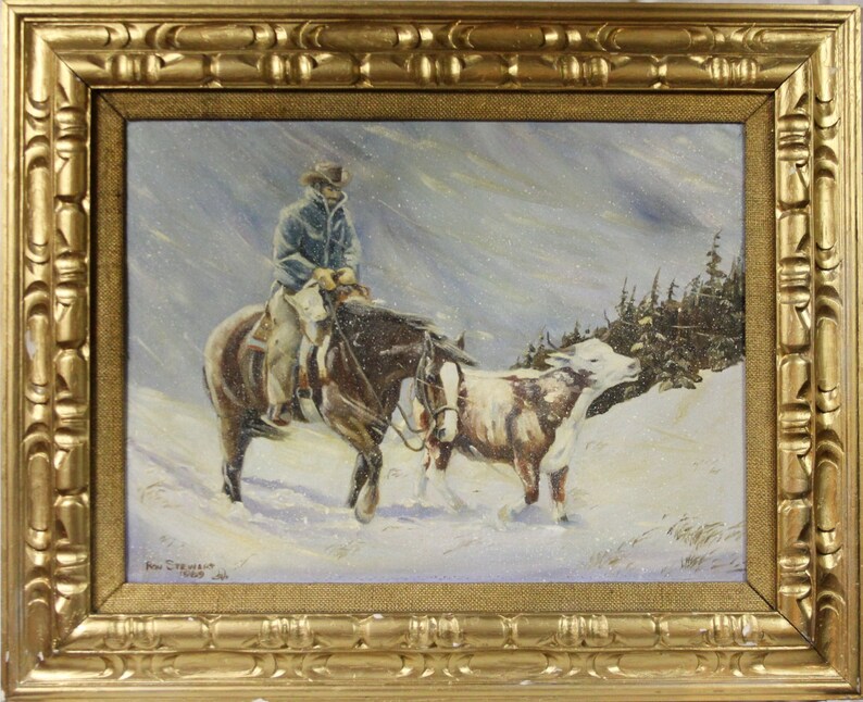 Western Artist, Ron Stewart Oil Painting, pushing for Home , Ca 1960's ...