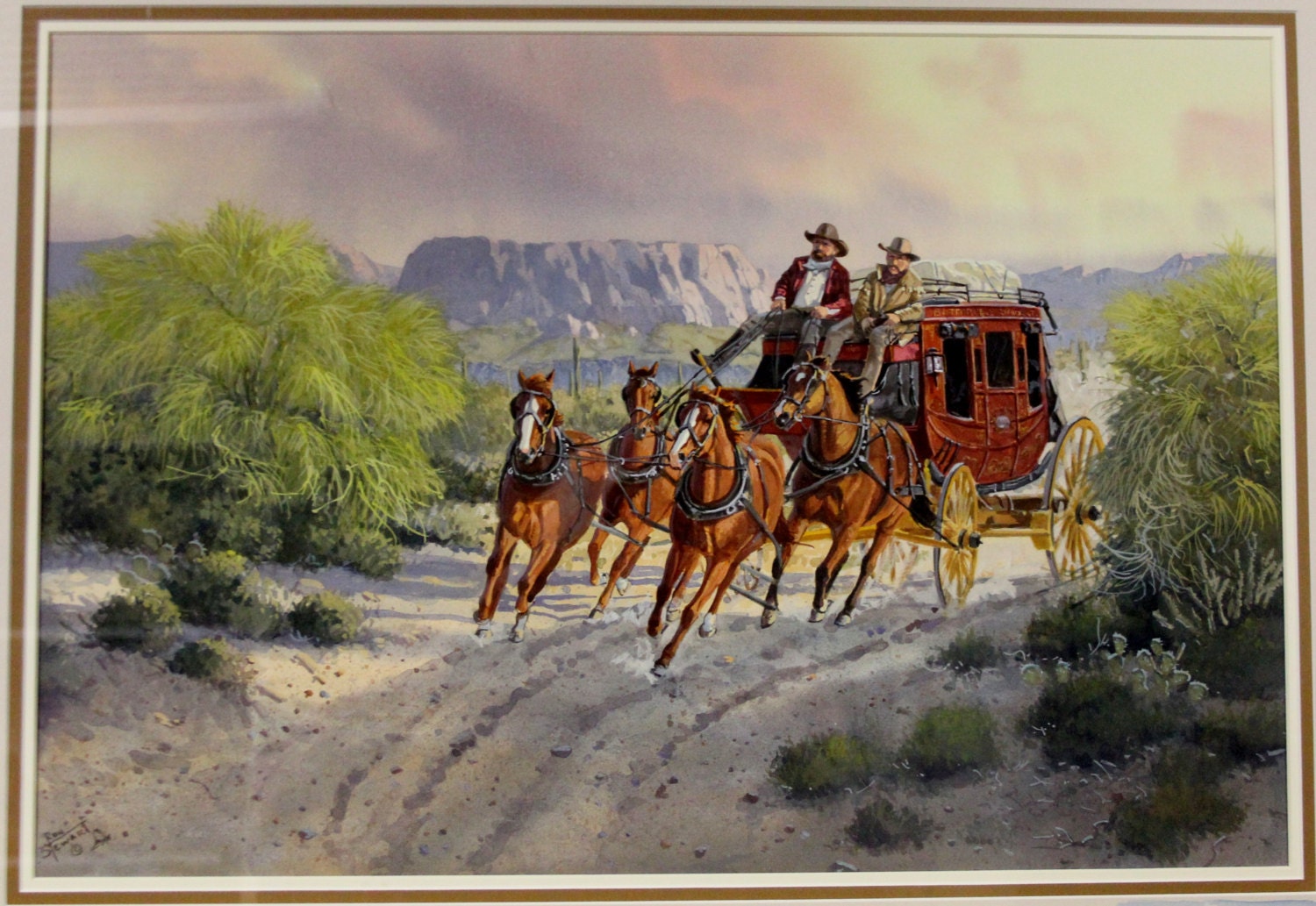 Western Artist: Ron Stewart, “cactus Run”, Water Color Painting, Signed ...