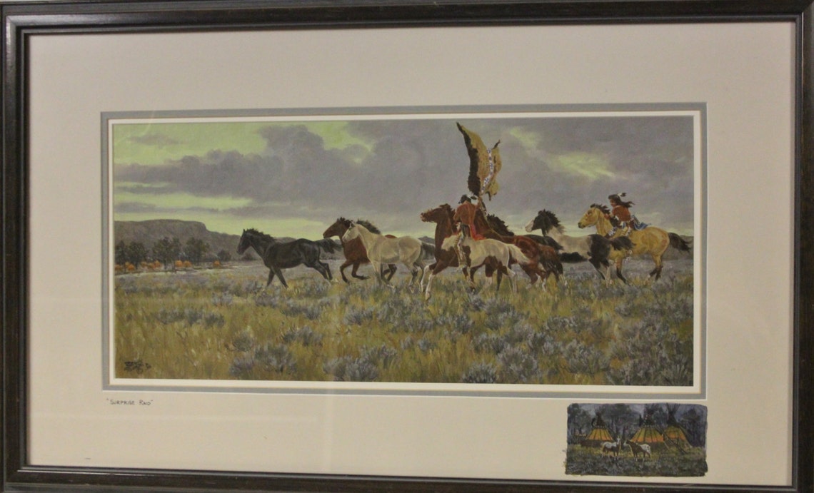 Native Art : Ron Stewart, “surprise Raid” Water Color, Western Artist ...