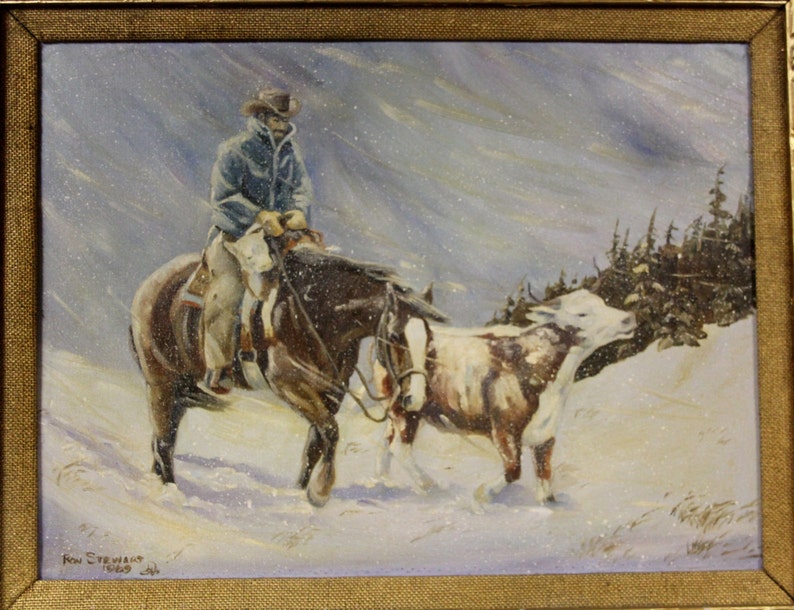 Western Artist, Ron Stewart Oil Painting, pushing for Home , Ca 1960's ...