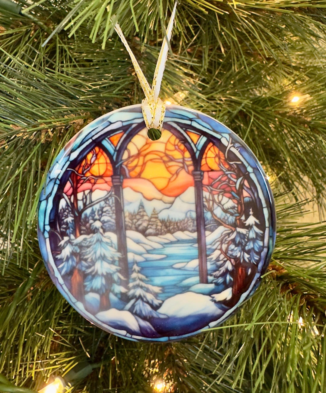 Stained Glass Style Winter Scene, One Sided Ceramic Ornament - Etsy