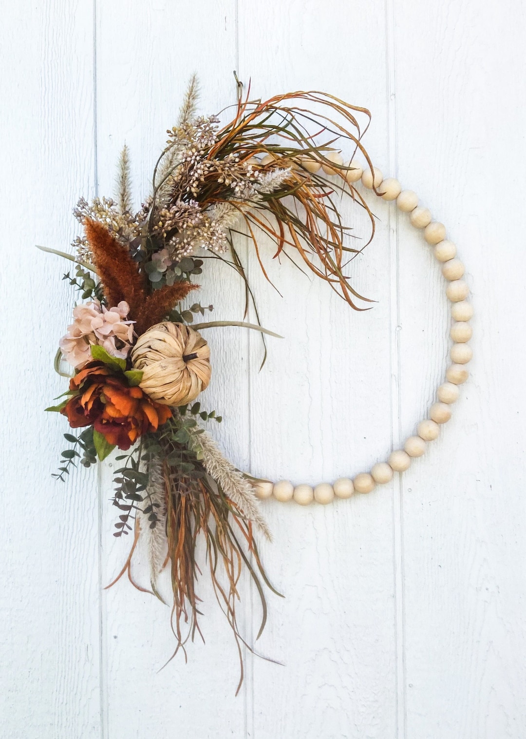 Fall Boho Beaded Door Wreath With Pumpkin, Rust Peony and Pampas Grass ...