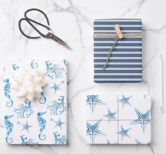 Wrapping Paper Sheets Watercolor Coastal Seahorse Sea Coral Starfish ...