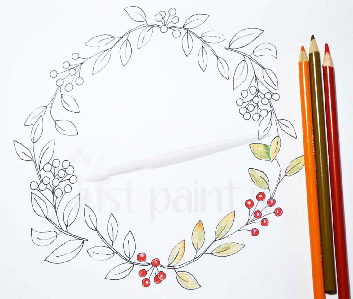 Leaf and Berry Fall Wreath Coloring Page Fall Coloring Page Instant ...