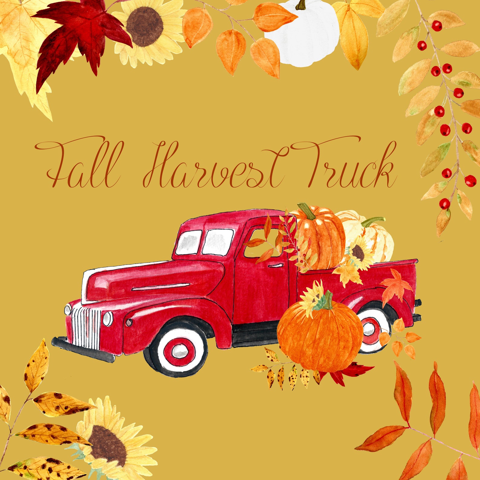 Fall Harvest Truck Watercolor Clipart Fall Leaves Pumpkins | Etsy