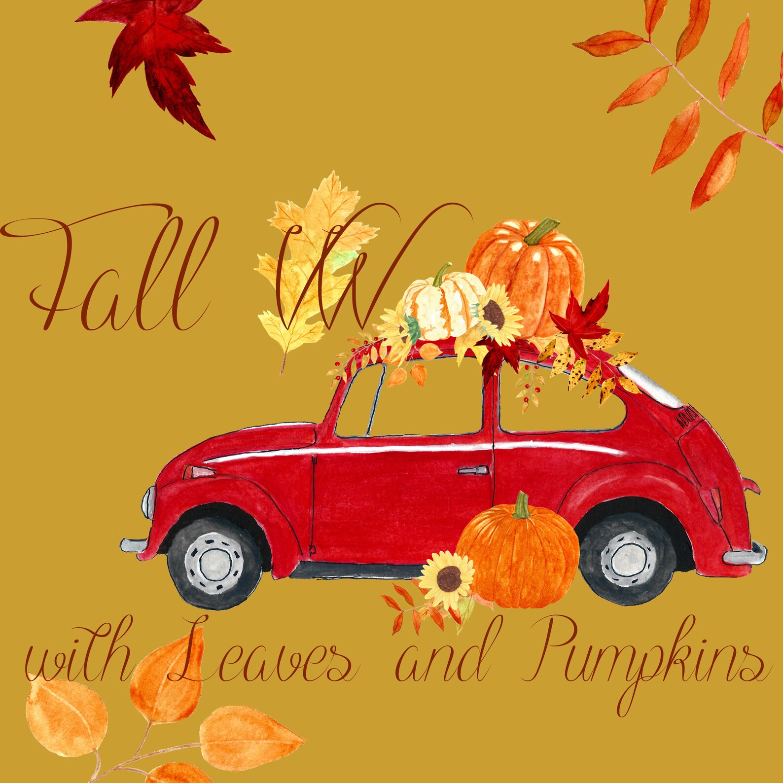 Fall VW With Leaves and Pumpkins Watercolor Clipart VW Bug - Etsy
