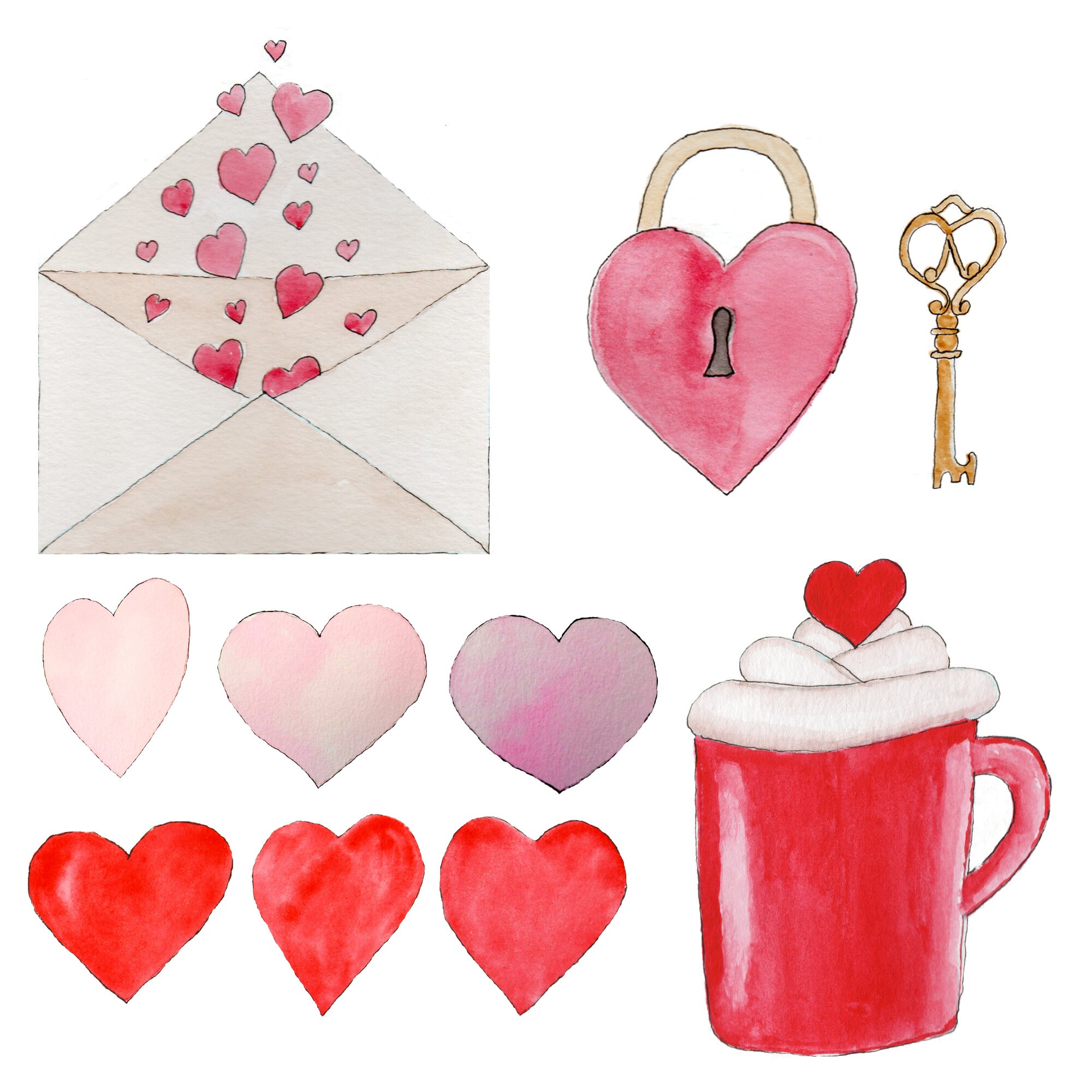 Watercolor Valentines Clipart Cupcakes Hearts Sweets Envelope Hand ...