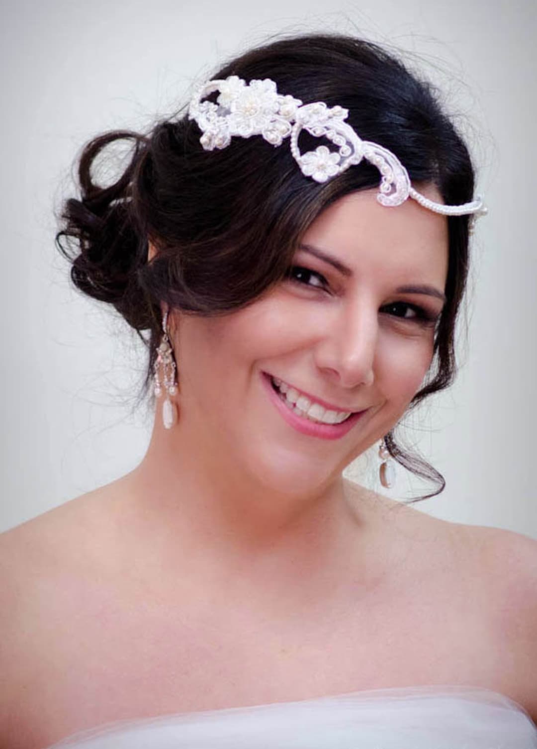 Bridal Forehead Band ~ Bridal Headband ~ Gatsby ~ Light Ivory Alencon ...