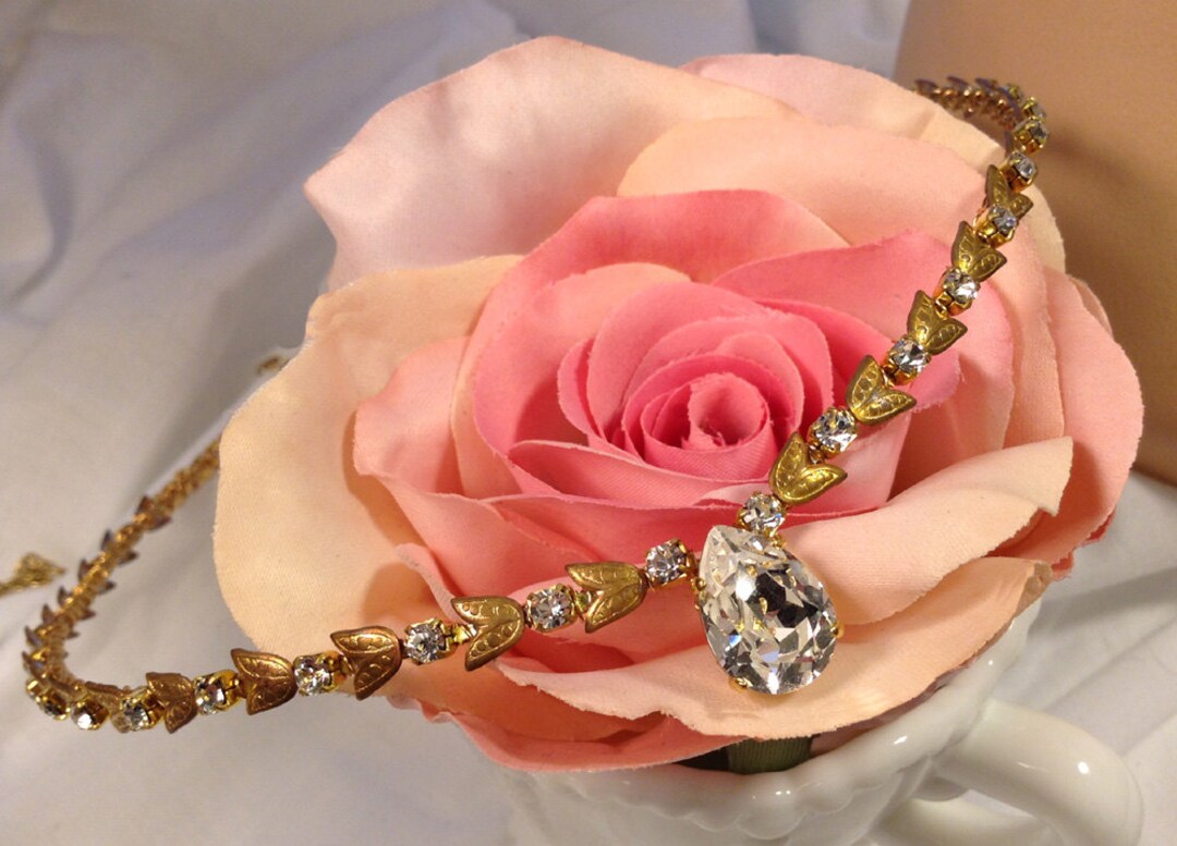 Gold Bridal Forehead Band Bridal Headband Rhinestone Hair Swarovski
