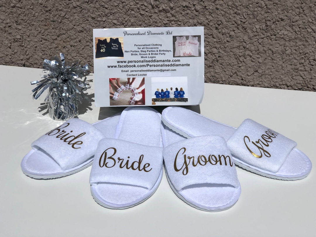 Personalised Bride and Groom Slippers Set: Gold Wording, Spa Day Style ...