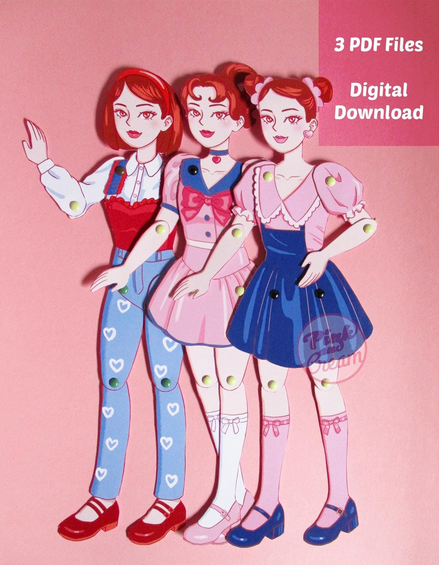 Pack of 3 Printable Paper Dolls Articulated Paper Doll Korean Doll Kpop ...