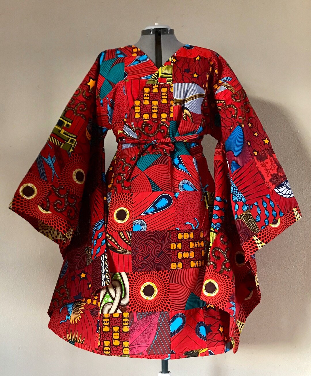 Hot Red African Wax Print Handmade Patchwork Kimono Wrap Knee Length ...