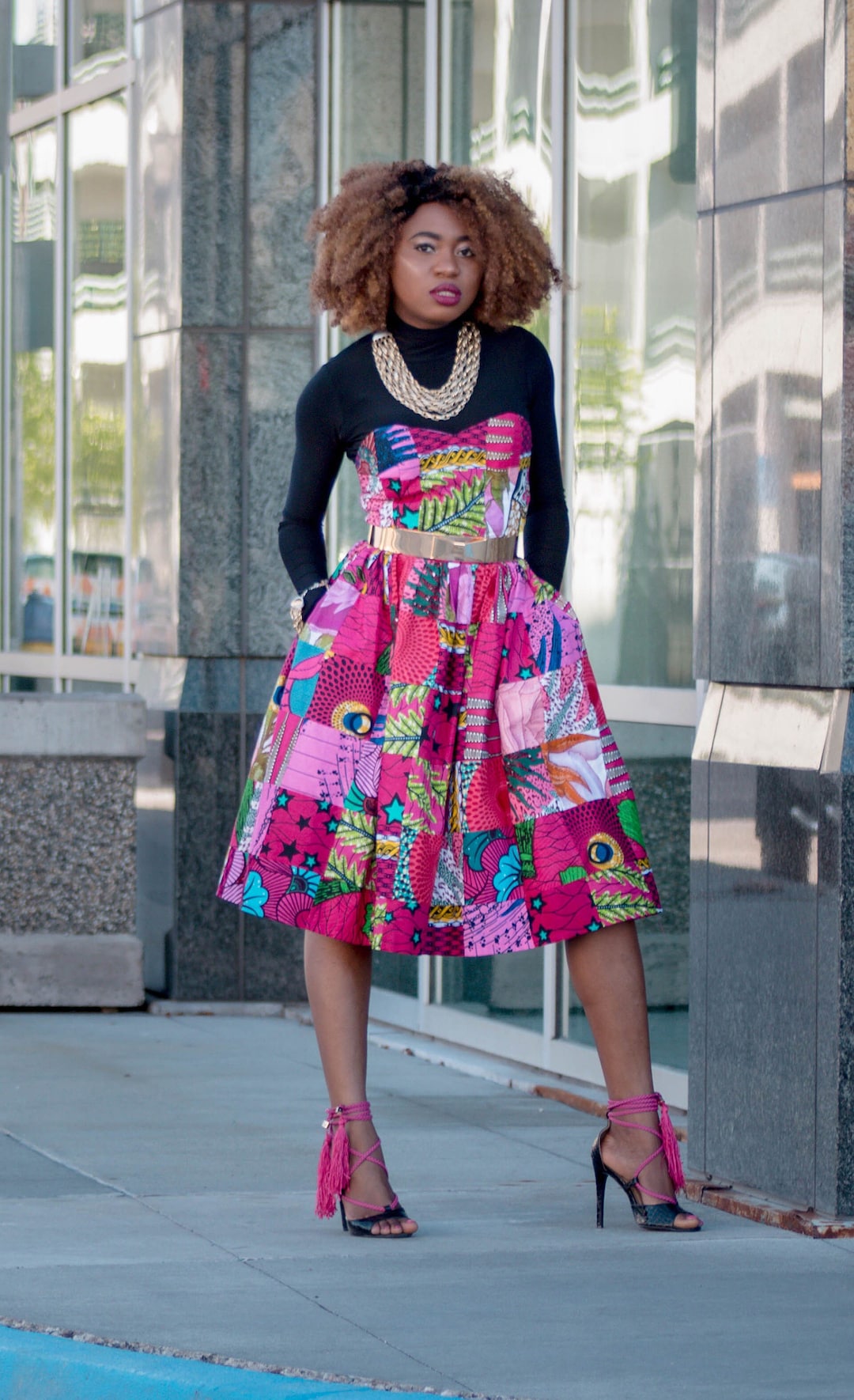 Pink Party Dress African Print Patchwork Sweetheart Dress With Pockets ...