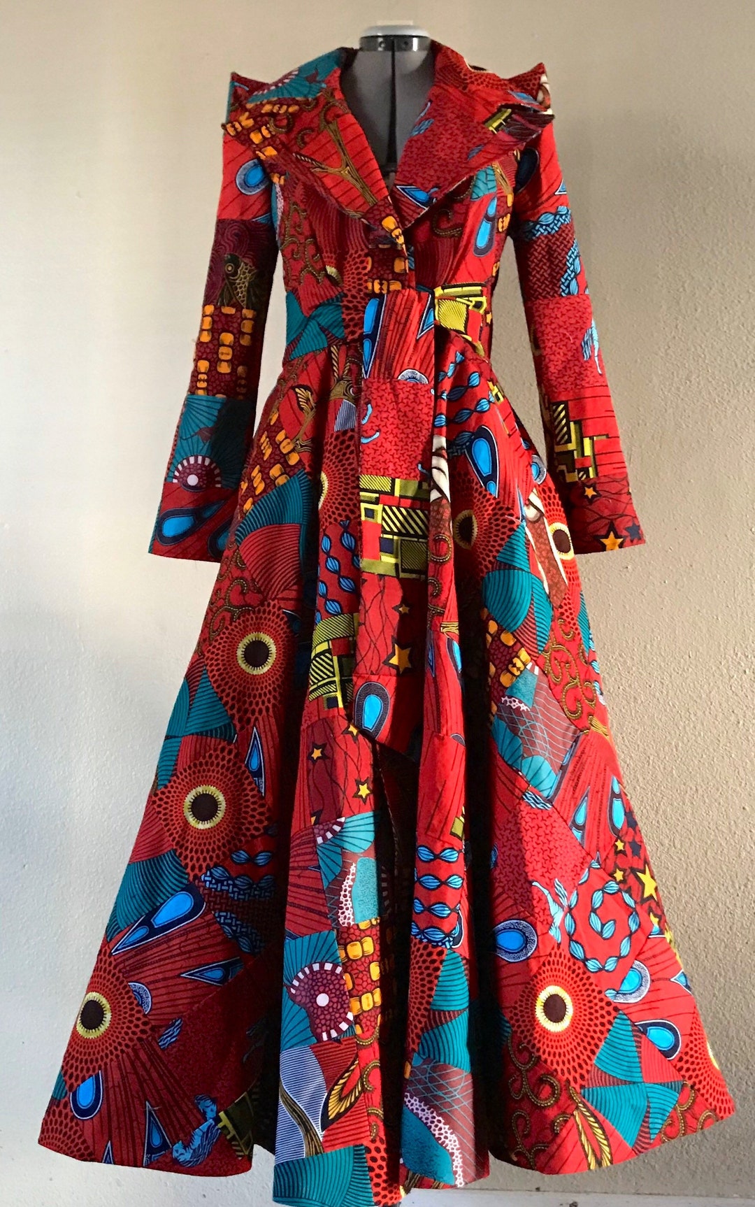 Rule in Red Glamorous African Print Patchwork Floor Length Coat Pockets ...
