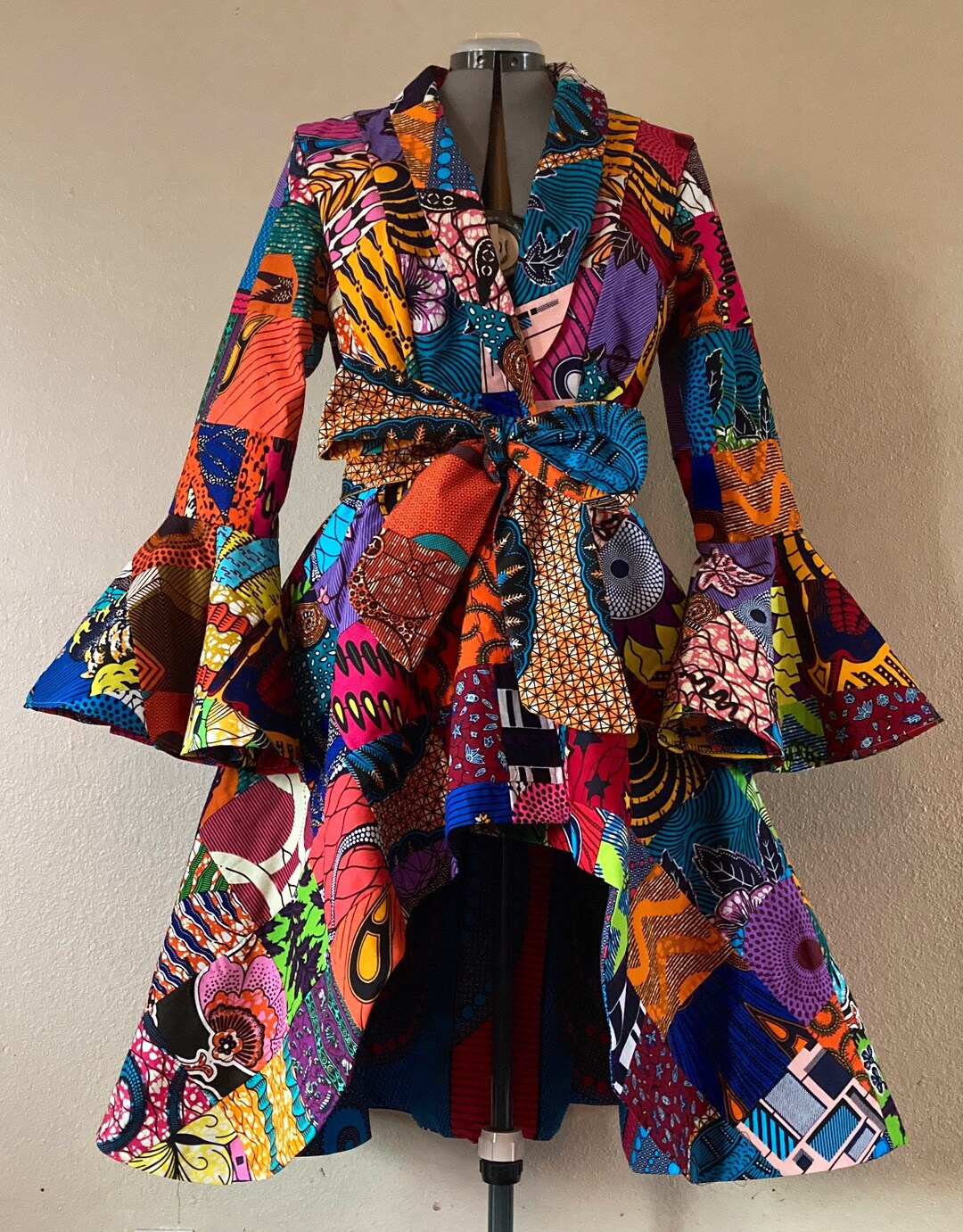 African Print Patchwork Coat Dress High Low With Flare Sleeves, Pockets ...
