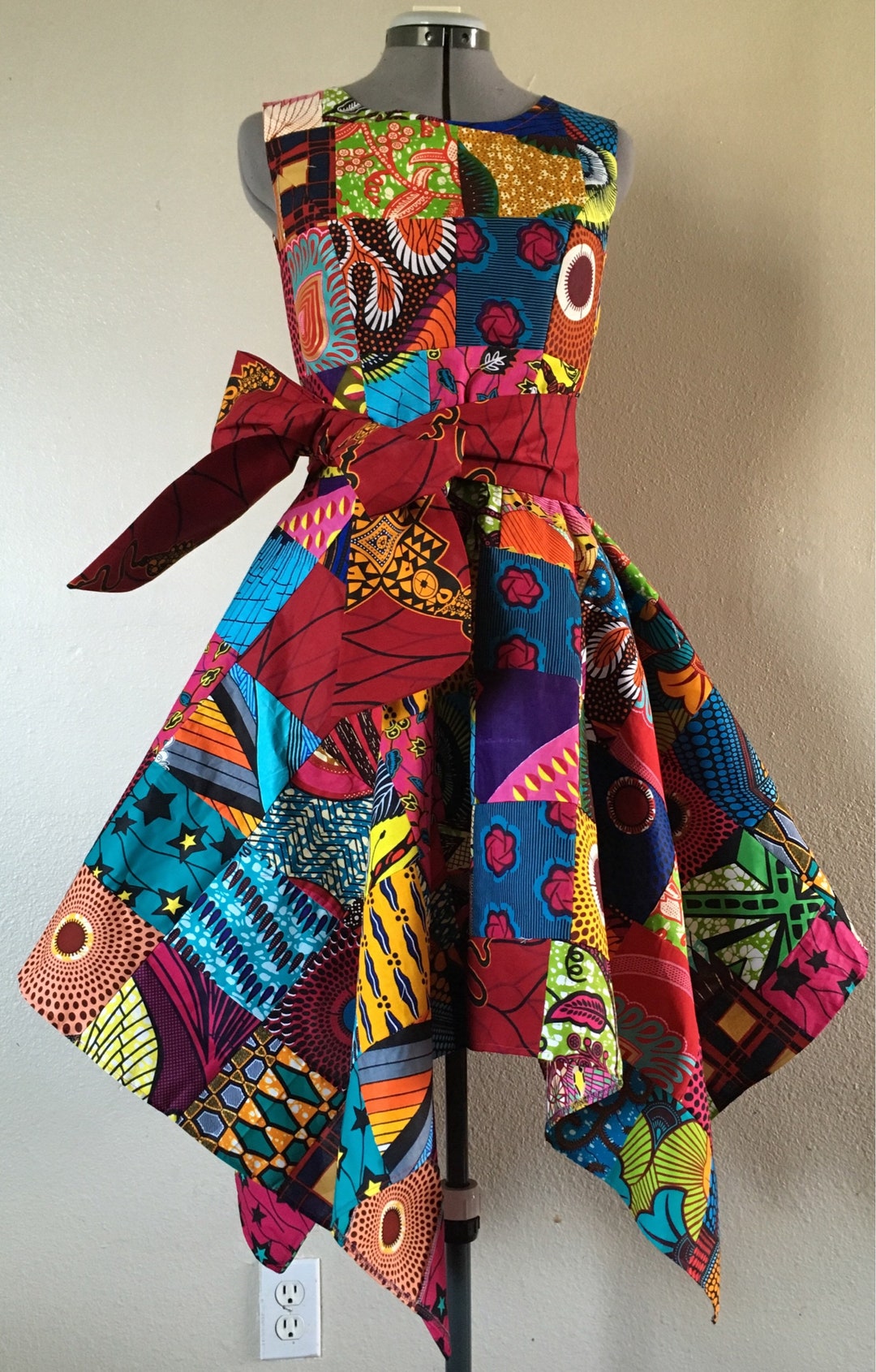 Vivid African Print Dress With Asymmetric Cut Skirt and Optional Tie ...