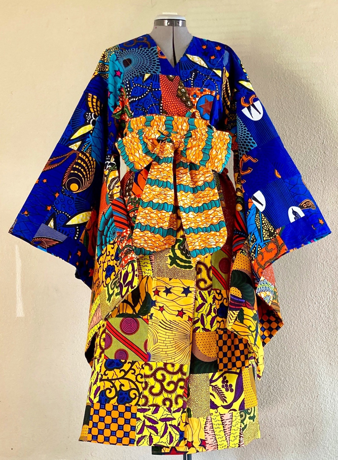 Nichibotsu African Print Handmade Patchwork Kimono Sleeve Duster With ...