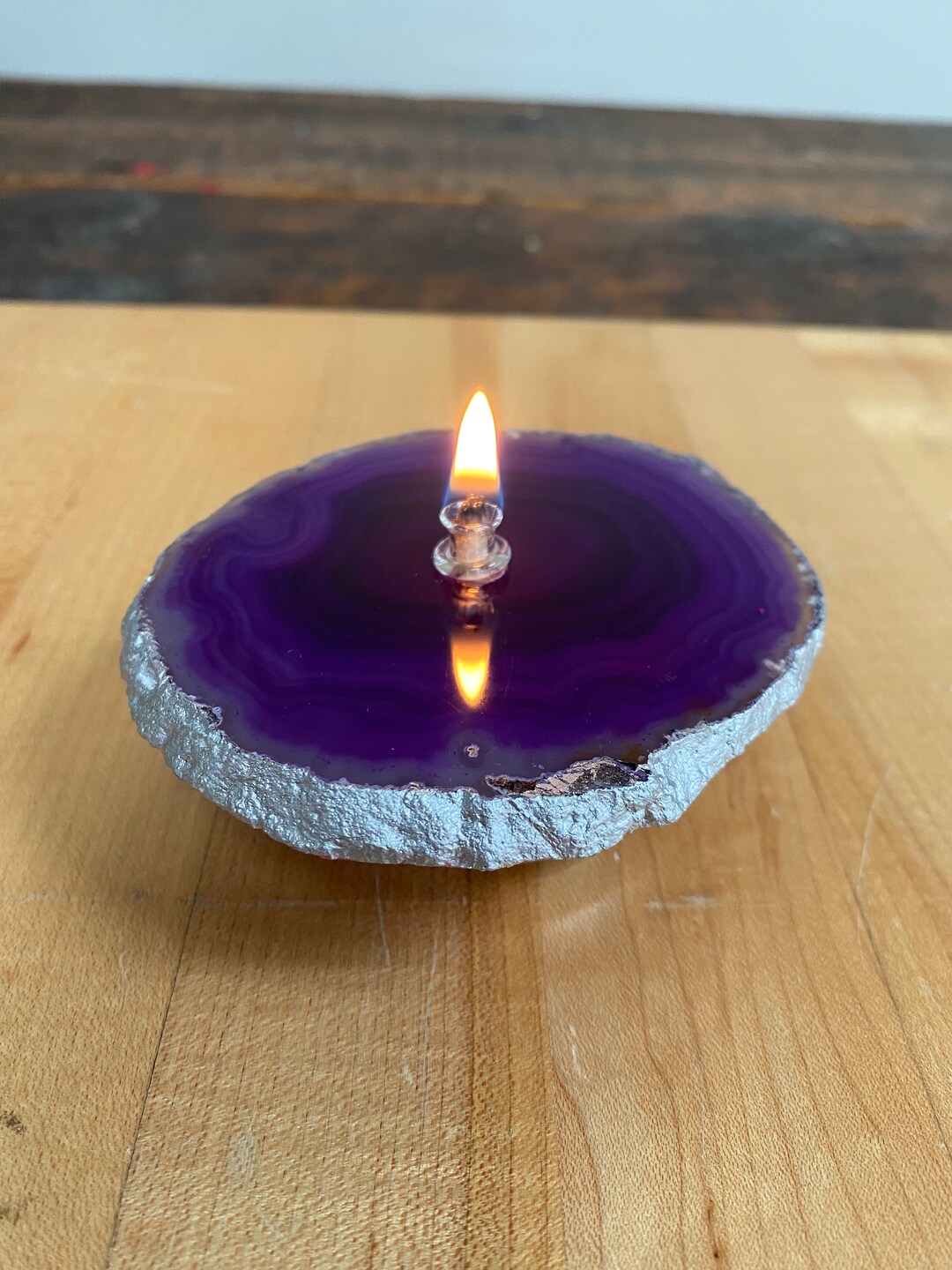 Agate Oil Candle Purple - Painted Silver Edge - 1 Wick Stone Candle - Etsy