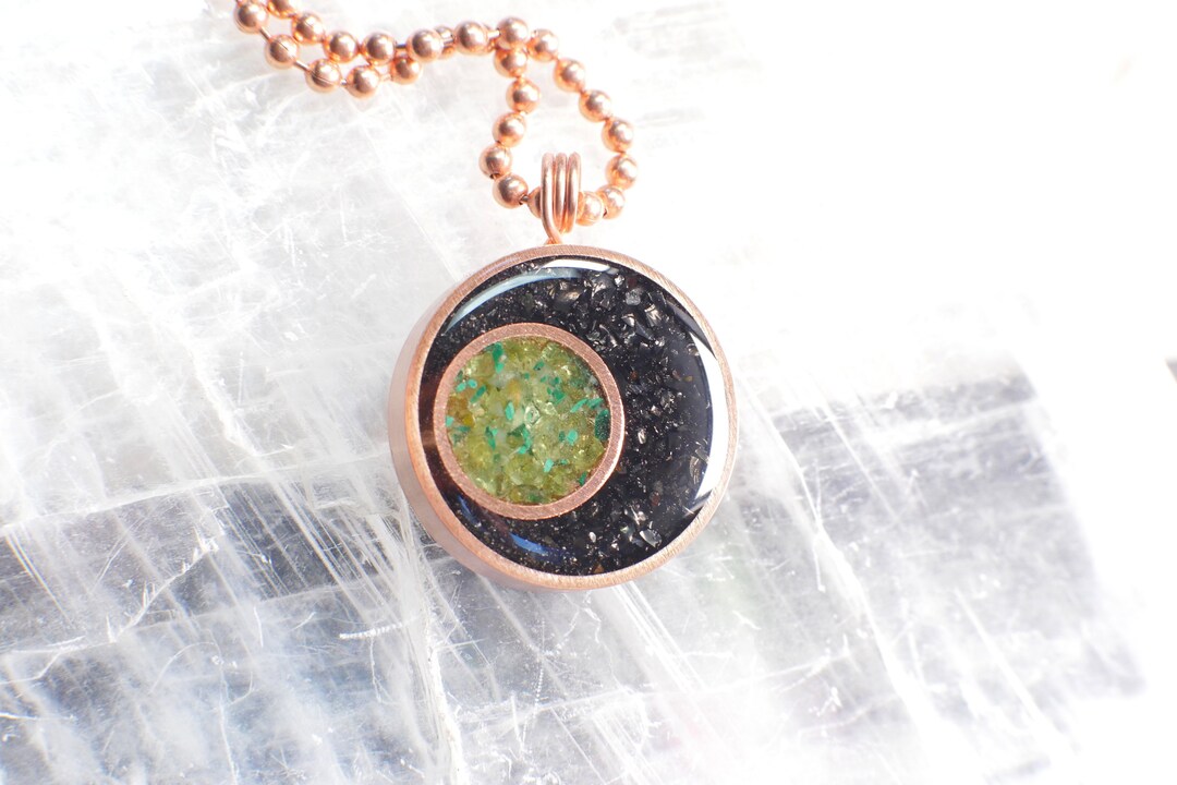 Green Peridot Tourmaline Copper Pendant - Shungite EMF Protection - Crescent Moon Design - Etsy