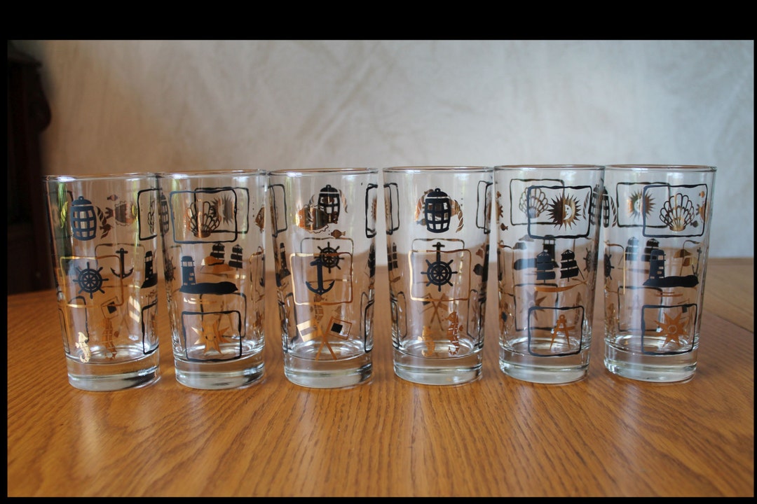 Mid Century Modern Nautical Glassware Gold and Black Nautical Glasses ...