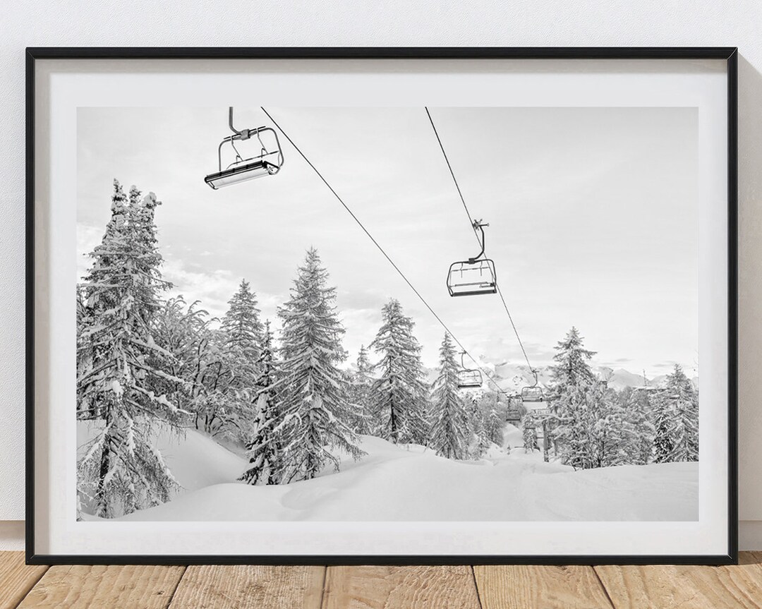 Ski Lift Print Black and White Photography Mountain Snow Print Cabin ...
