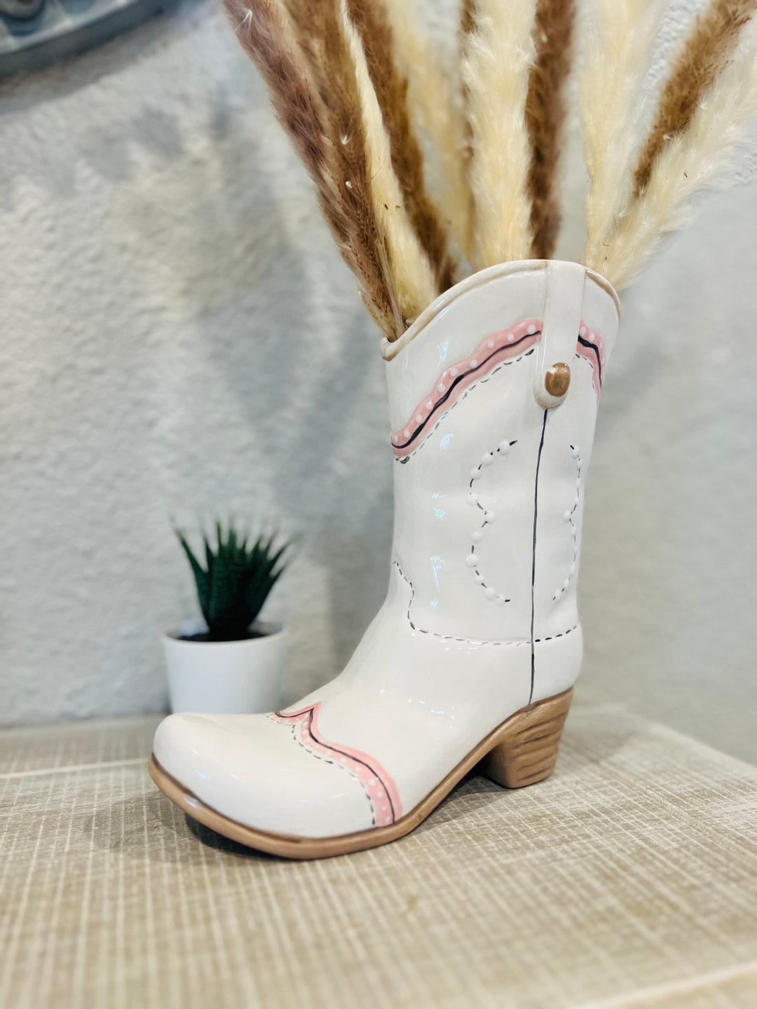 Hand Painted Ceramic Cowboy Boot Vase, Boho Decor, White Cowboy Boot ...