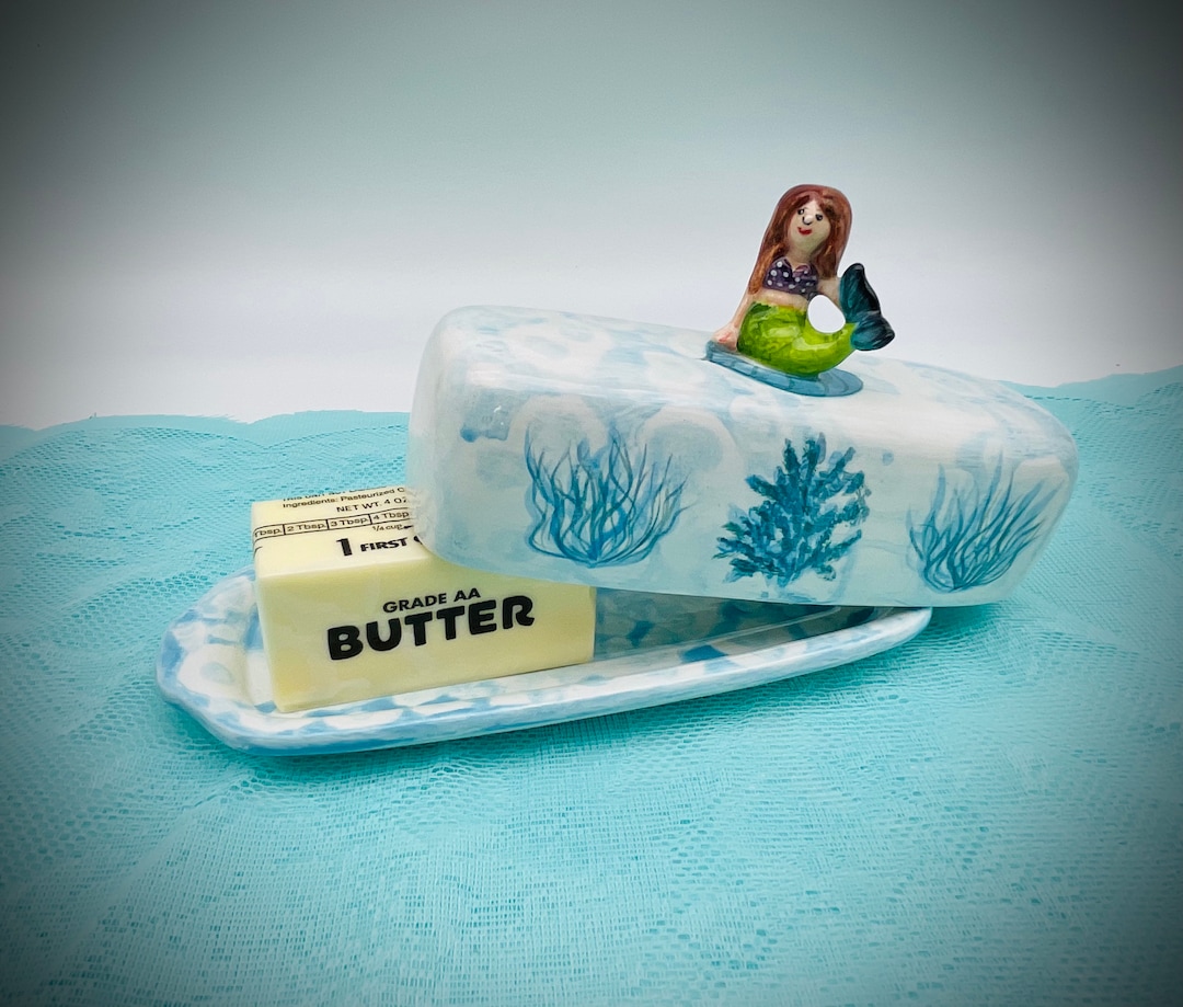 Mermaid With Ocean Scene Ceramic Butter Dish With Lid - Colorful Butter ...